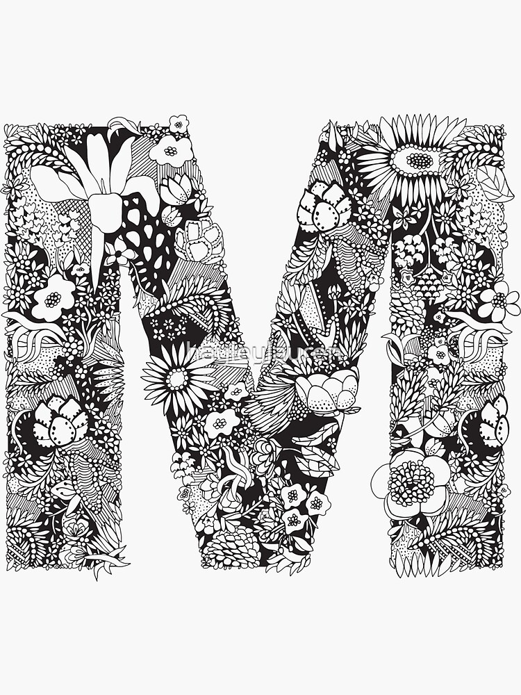Pegatina «Letra M | Blanco y negro | Patrón de flores | Tipografía ...