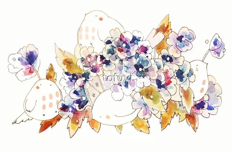 "mochi bird with hydrangea." by tofuvi | Redbubble