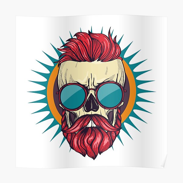 Poster « Crâne en colère avec coiffure, moustaches, barbe et lunettes ...