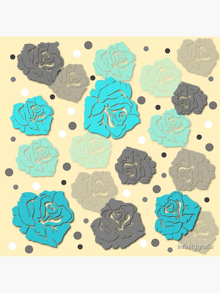 "Blue & Grey Roses with Polka Dots on Cream Background" Poster by ...