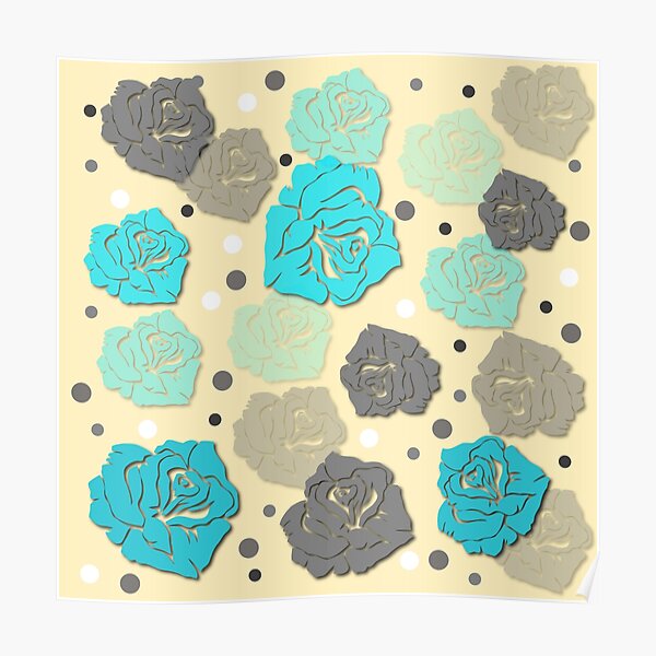 "Blue & Grey Roses with Polka Dots on Cream Background" Poster by ...