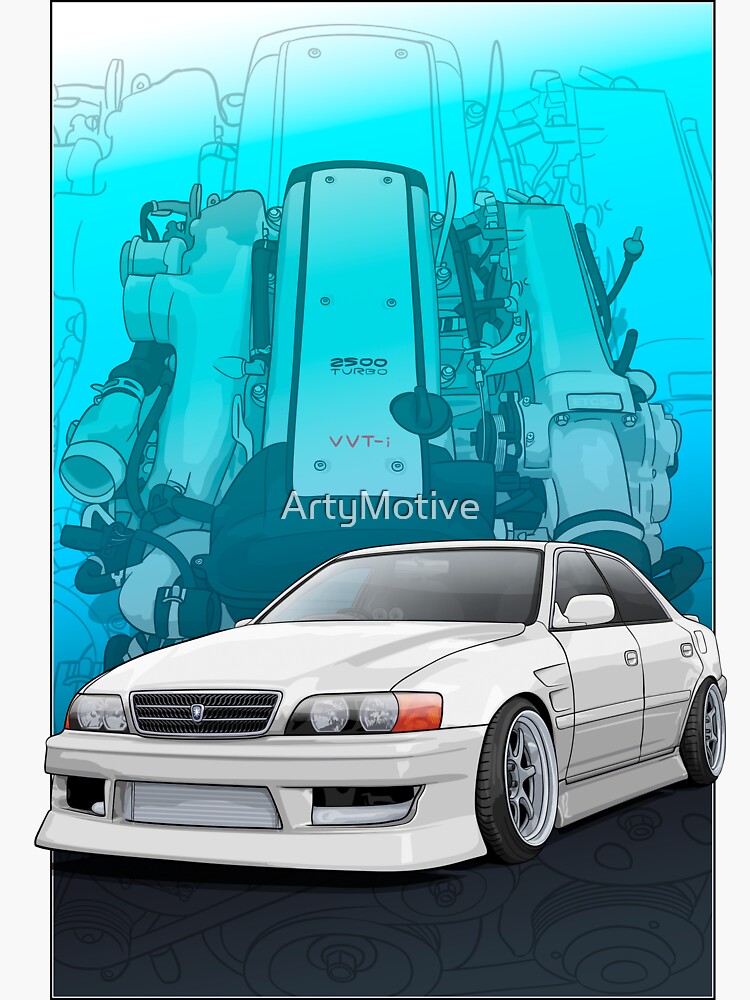 "Chaser jzx100 (white) with 1jz engine background," Sticker for Sale by ...