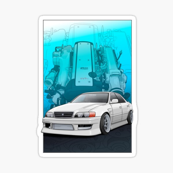 "Chaser jzx100 (white) with 1jz engine background," Sticker for Sale by ...