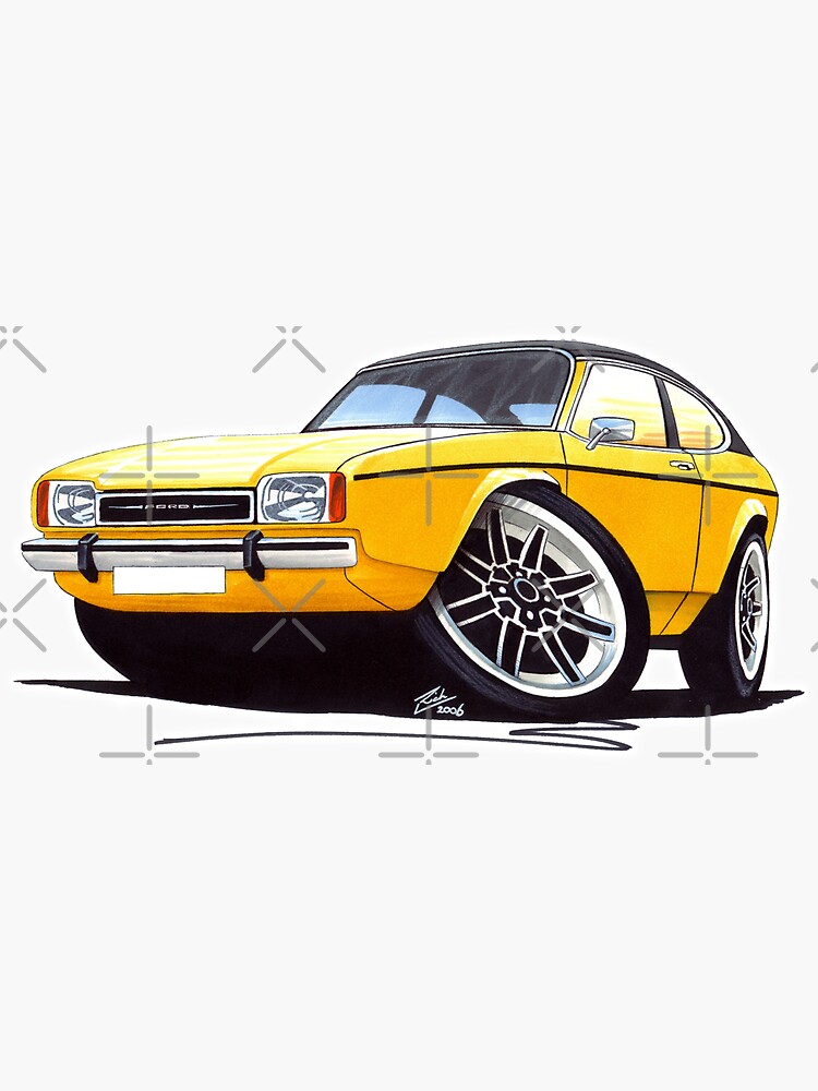 "Ford Capri (Mk2) Yellow" Sticker by yeomanscarart | Redbubble