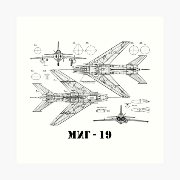 "MIG - 19 - Russian Jet Fighter Airplane - Blueprint Drawing" Art Print ...