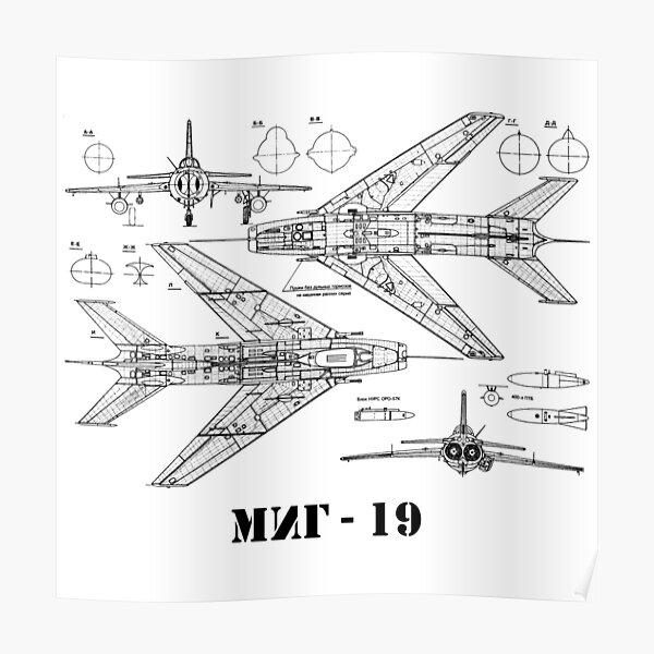 "MIG - 19 - Russian Jet Fighter Airplane - Blueprint Drawing" Poster ...