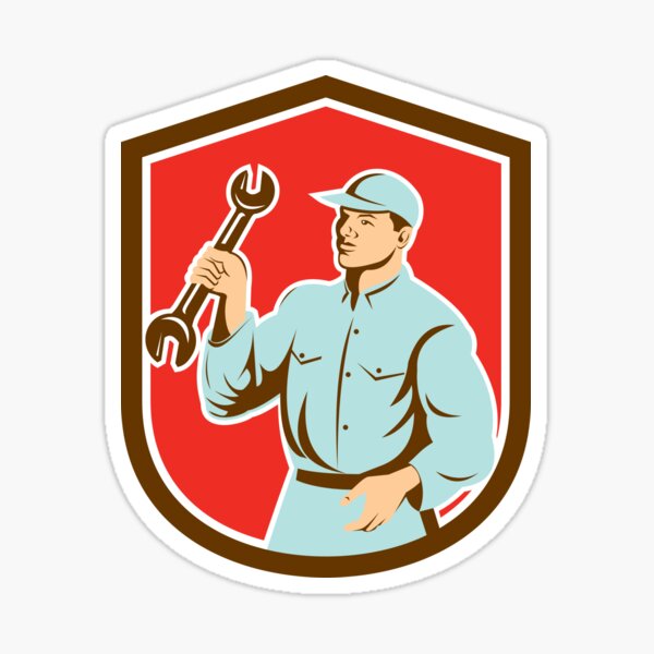 "Mechanic Holding Spanner Wrench Shield Retro" Sticker for Sale by ...