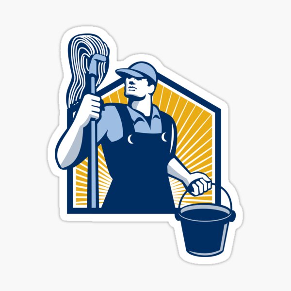 "Janitor Cleaner Holding Mop Bucket Retro" Sticker for Sale by ...