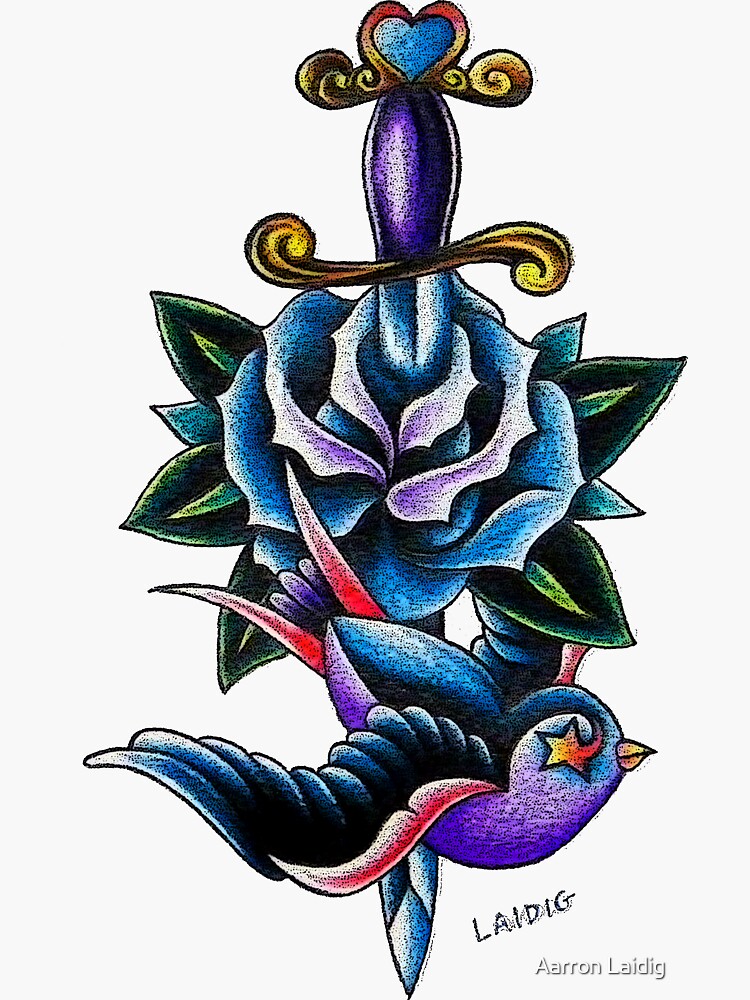 "Heart Dagger Rose Swallow" Sticker for Sale by Aarron Laidig | Redbubble