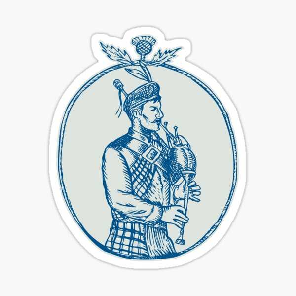 "Scotsman Bagpiper Playing Bagpipes Etching" Sticker by patrimonio ...