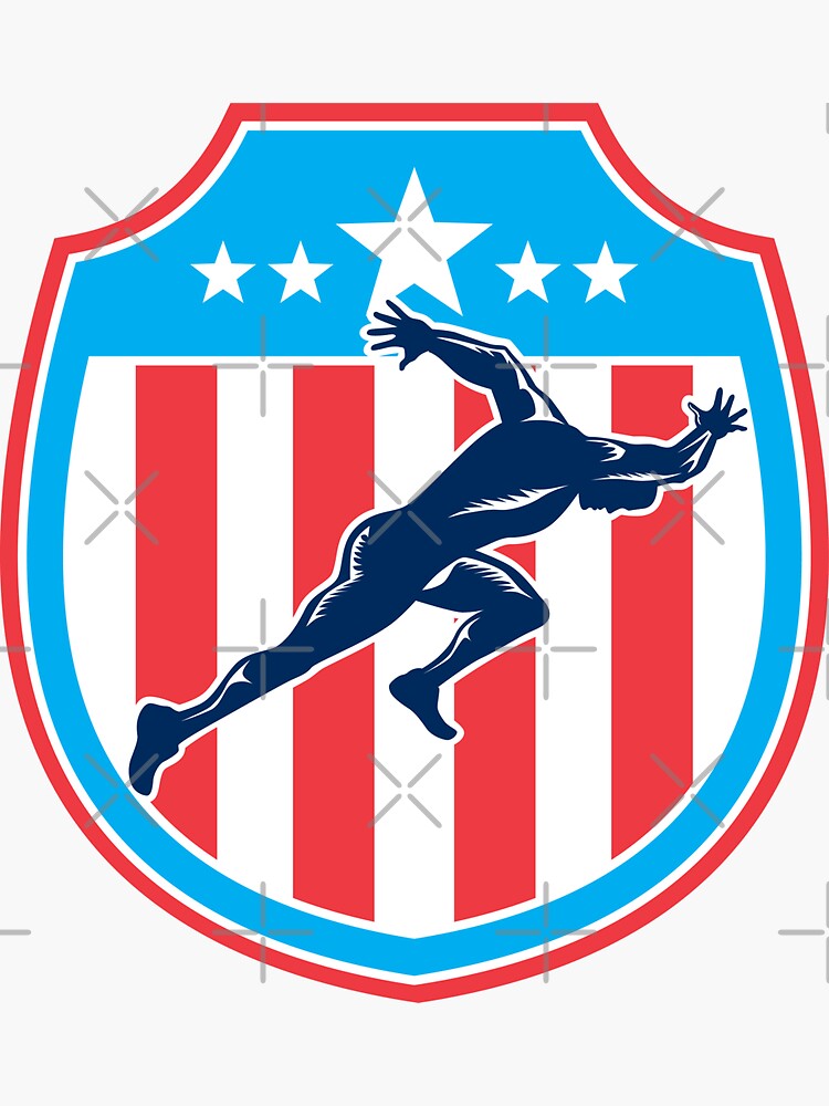"Sprinter Runner Running Shield Woodcut Retro" Sticker by patrimonio ...