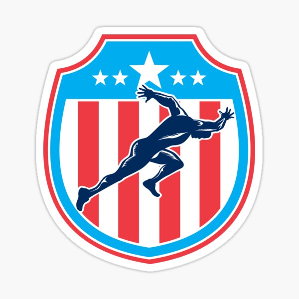 "Sprinter Runner Running Shield Woodcut Retro" Sticker by patrimonio ...