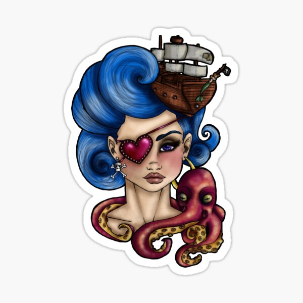"Nautical Octopus Pirate Girl" Sticker by HungryDesigns | Redbubble