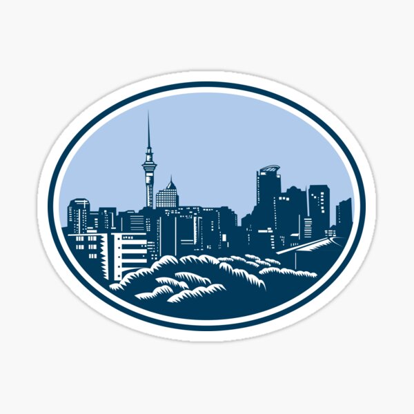 "Auckland City Skyline Woodcut Retro" Sticker for Sale by patrimonio ...