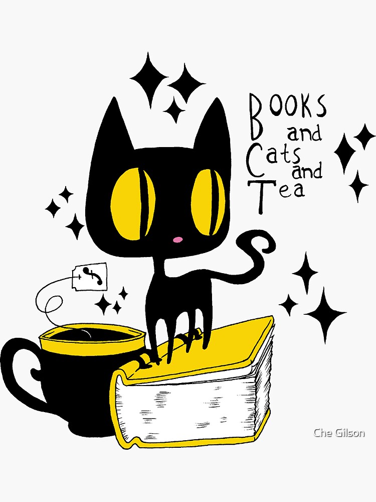 "Books and Cats and Tea" Sticker by Spiderling | Redbubble