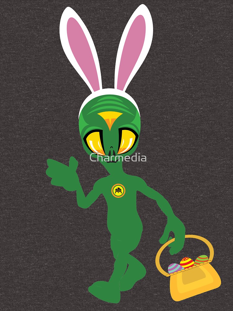 "Easter Alien Art Illustration Egg Basket Funny Green Bunny Ears" T ...