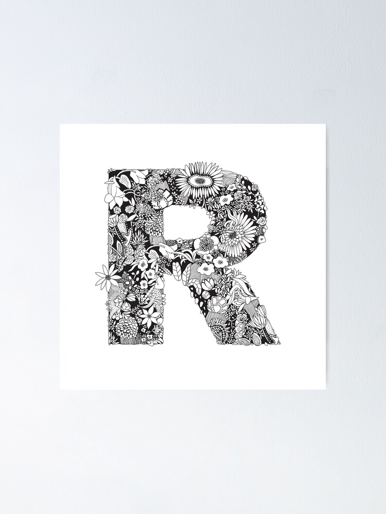 Póster «Letra R | Blanco y negro | Patrón de flores | Tipografía | Arte ...