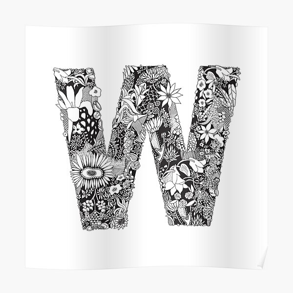 Póster «Letra W | Blanco y negro | Patrón de flores | Tipografía | Arte ...