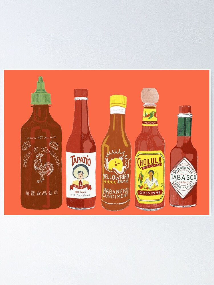 "Spicy! Check out these hot sauces on tomato red background" Poster by ...