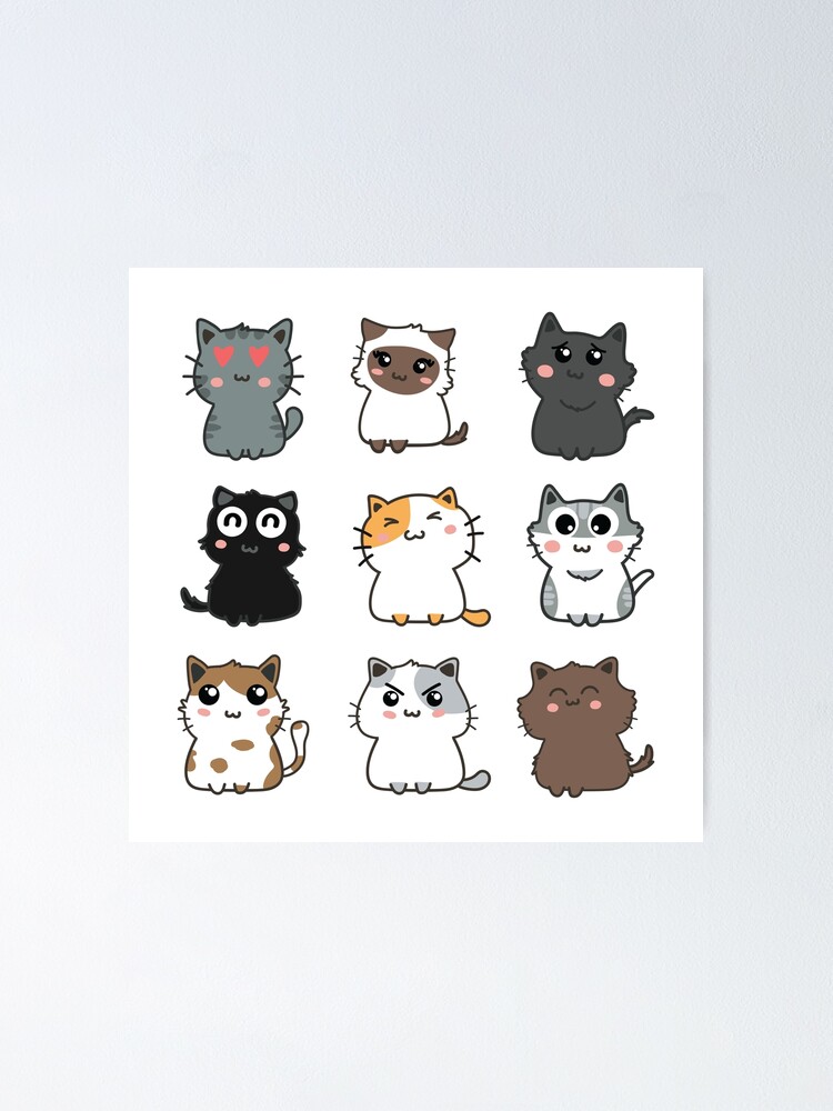 Cute Cartoon Cats Sticker Set 1 Poster For Sale By Cafepretzel