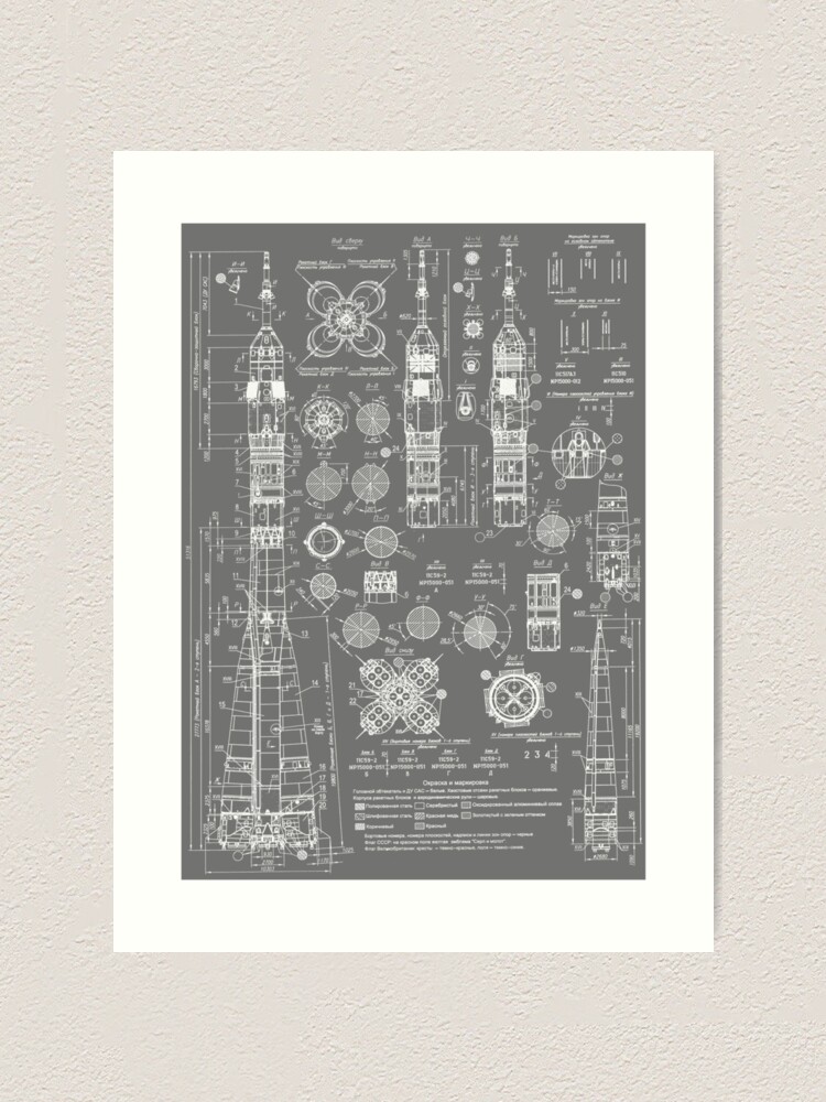 "Soyuz Rocket Blueprints - Grey" Art Print by RobertTaylorPri | Redbubble