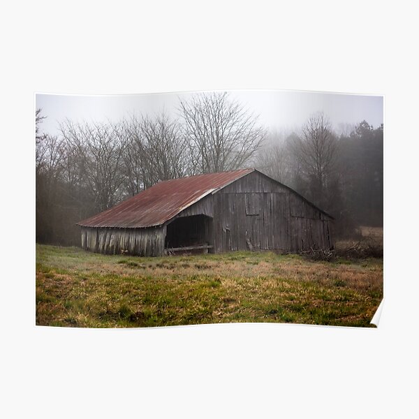 "Barn in the Mist - Old Rustic Wooden Barn with Red Tin Roof on a Foggy ...