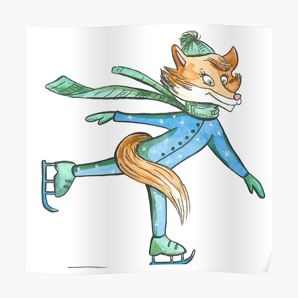 "Figure Skating Fox On Ice Sketch Drawing White Background" Poster for ...