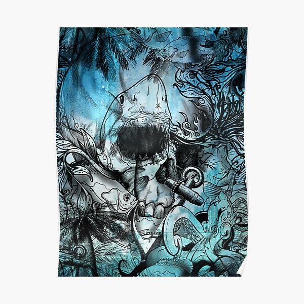 "Deep Ocean Skull Water Color Sea Shark Tropical Fish Design" Poster by ...