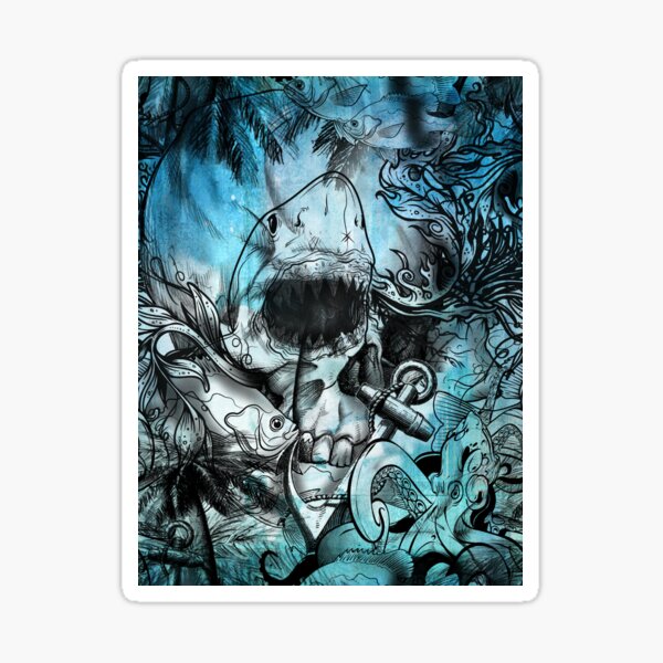 "Deep Ocean Skull Water Color Sea Shark Tropical Fish Design" Sticker ...
