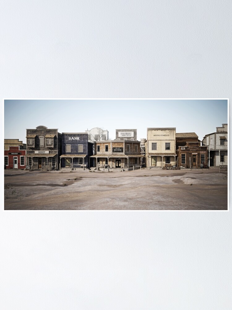 "Wide side view of a rustic antique old western town with various ...