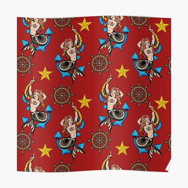 "Jerry’s Red Haired Mermaid Vintage Style Tattoo Pattern Red" Poster by ...