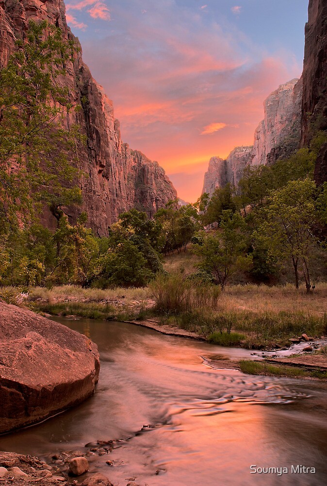 "Stunning Golden orange sunset at Virgin River walk, Zion NP, Utah" by ...