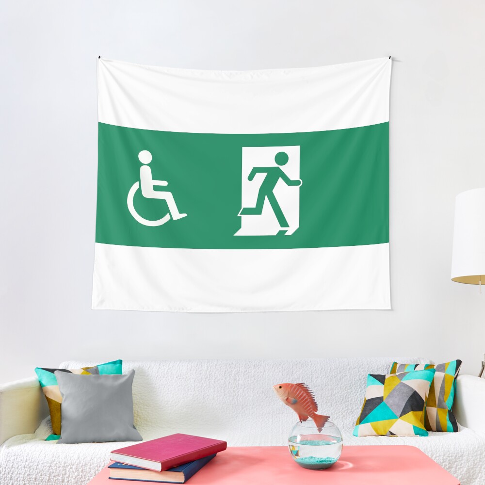 "ISO 21542, ISO 7010 Ausgangsschild mit Rollstuhlsymbol" Wandbehang von ...