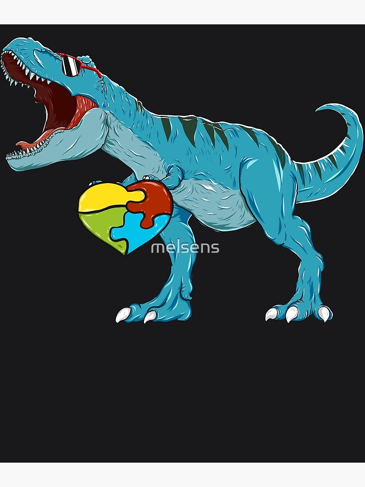 "Autism Awareness Day Art Dinosaur T-Rex Puzzle Pieces Art" Art Print ...