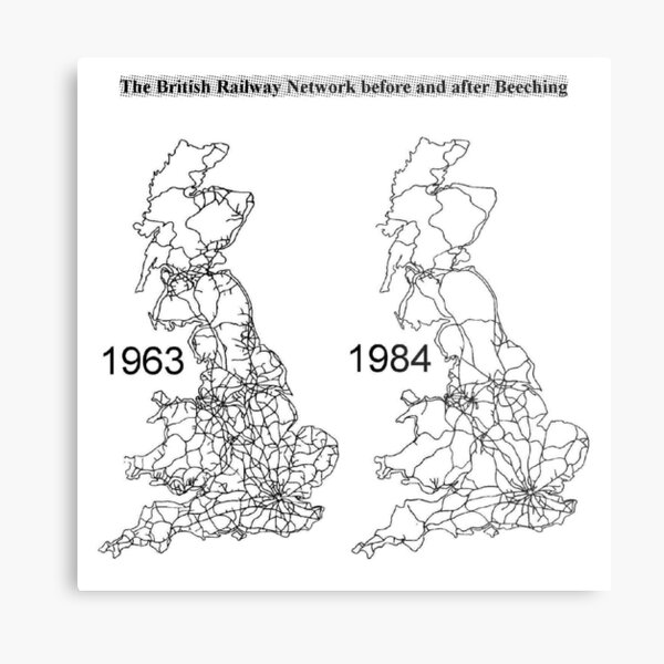 "Beeching rail network cuts map 1963 to 1984" Metal Print for Sale by ...