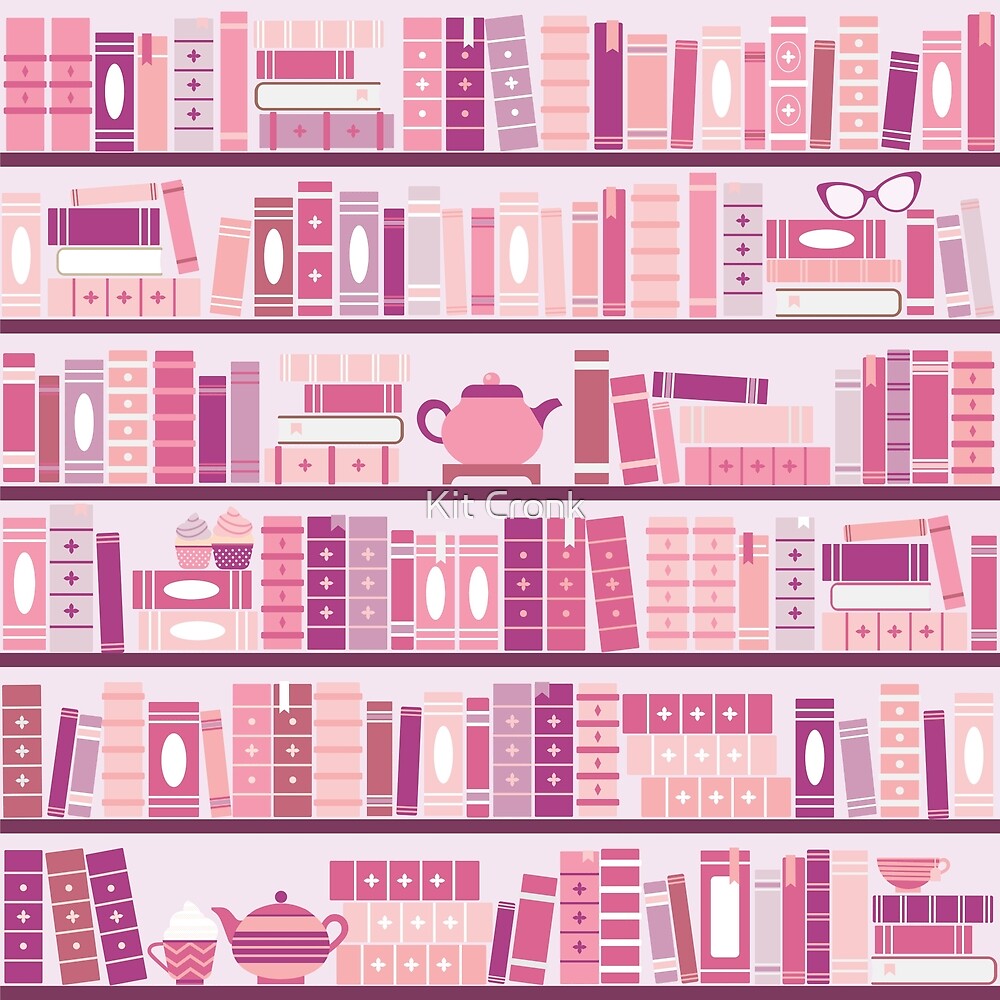 "Pink Bookcase Pattern Romance Tea Books" by Kit Cronk | Redbubble