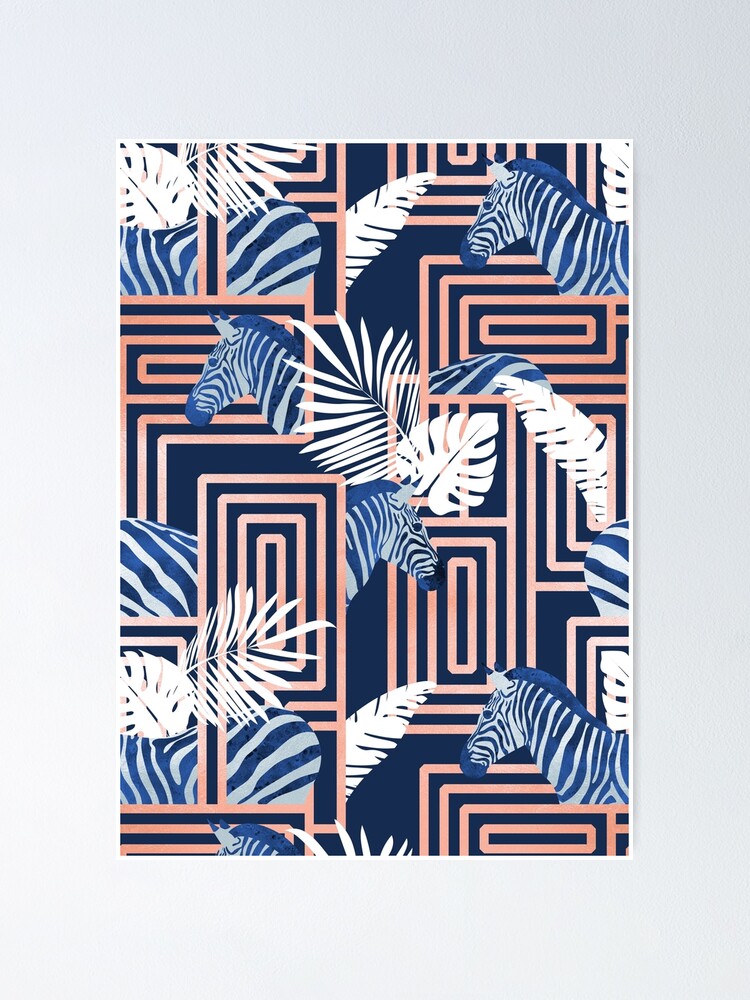 Póster «Cebra rayas exóticas // fondo azul marino coral rosa líneas de ...