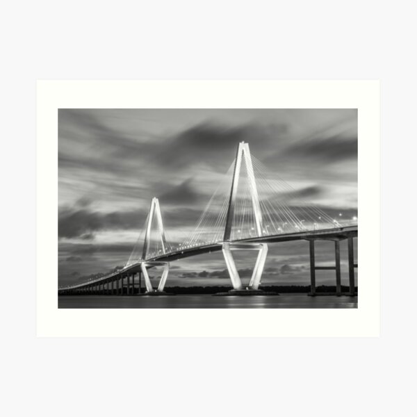 "Arthur Ravenel Bridge At Night Grayscale" Art Print by mljdwhite ...