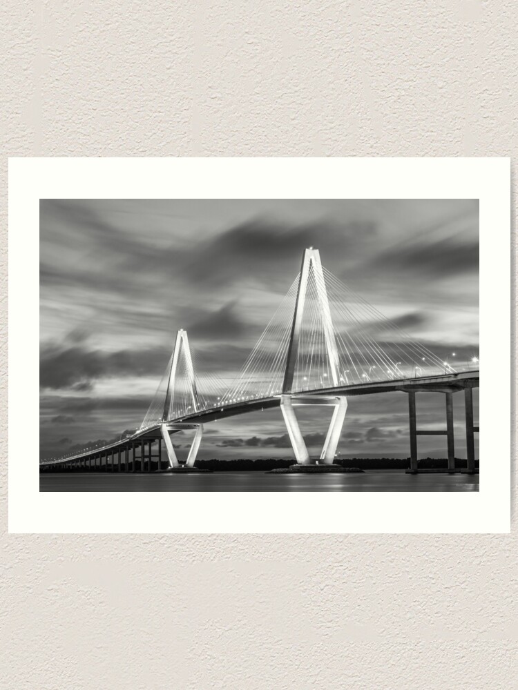 "Arthur Ravenel Bridge At Night Grayscale" Art Print by mljdwhite ...