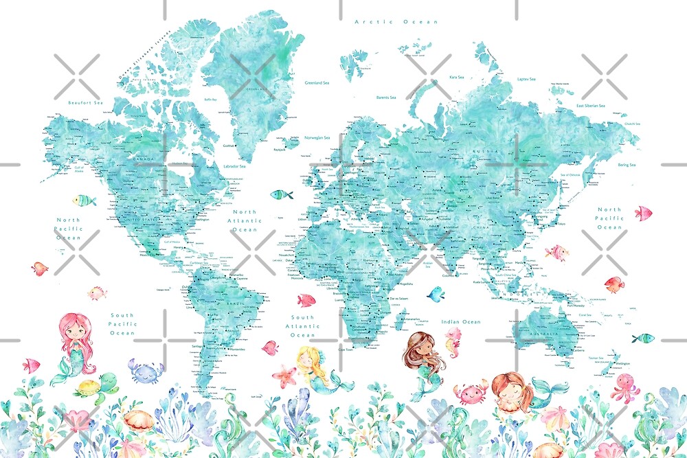 "Watercolor world map with mermaids in aquamarine blue" by blursbyai ...