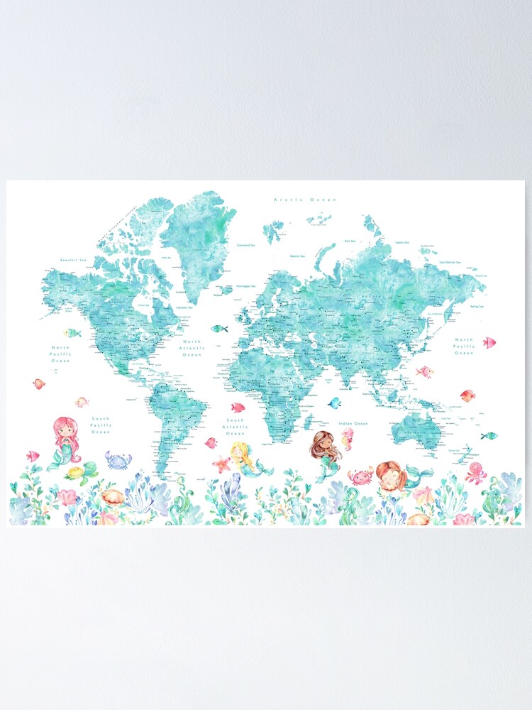 "Watercolor world map with mermaids in aquamarine blue" Poster for Sale ...