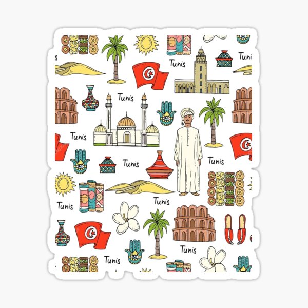 "Hand Drawn Colored Symbols Of Tunis T shirt Of Tunisia" Sticker for ...