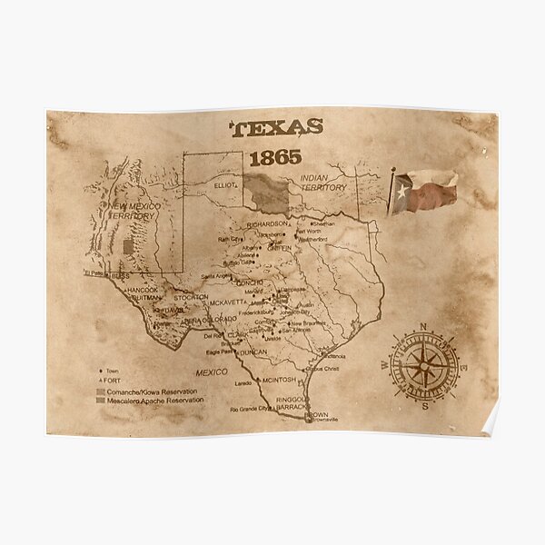 "Texas 1865 Rustic Map" Poster by FantasySkyArt | Redbubble