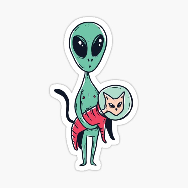 "Alien with Cute Alien Cat" Sticker by litteposterco | Redbubble