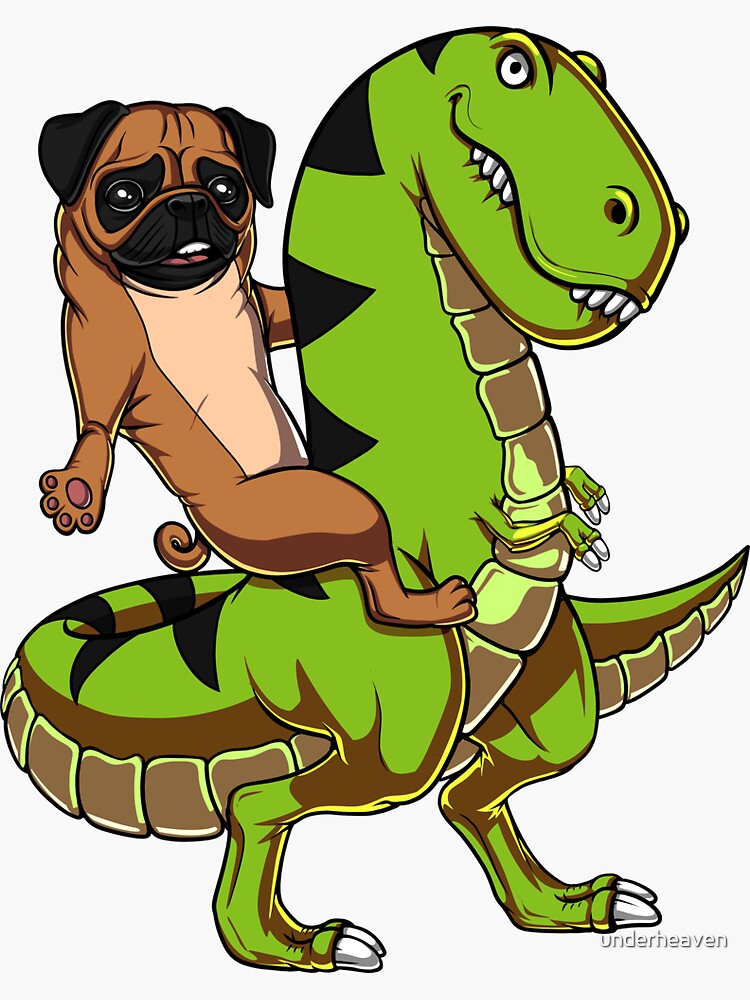 "Pug Dog Riding T-Rex Dinosaur" Sticker by underheaven | Redbubble