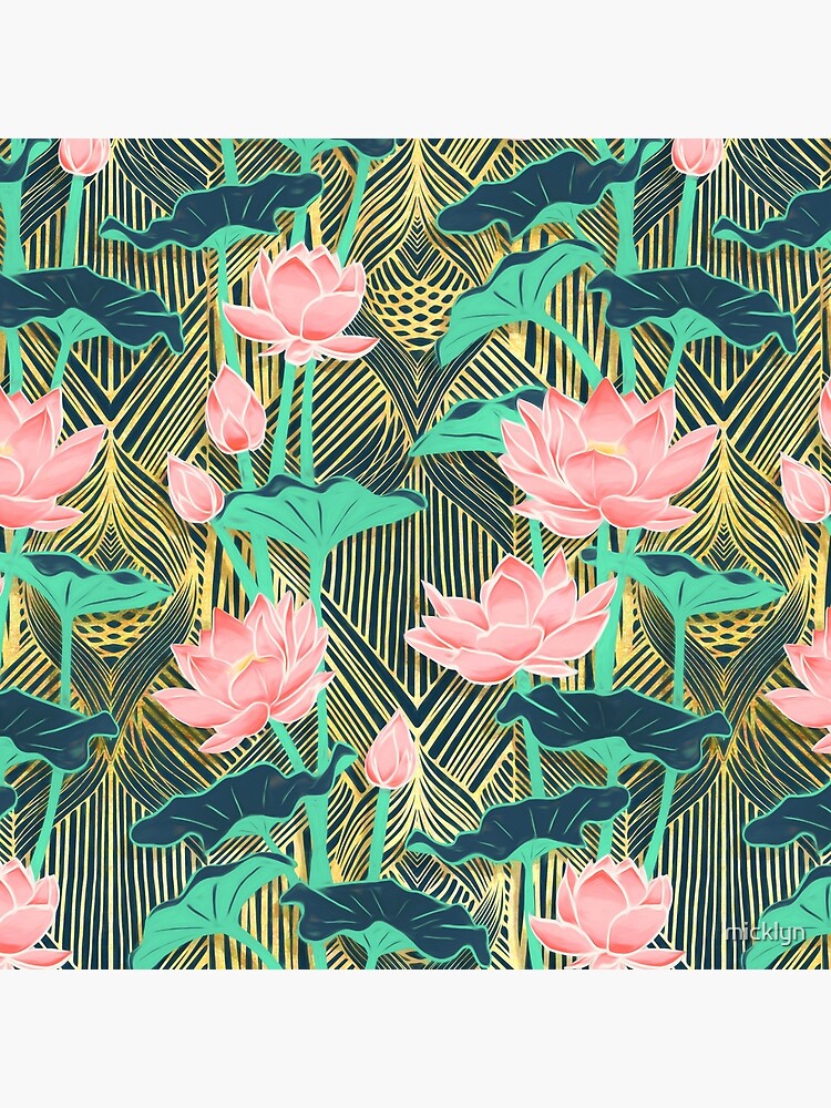 "Art Deco Lotus Flowers in Peach & Emerald" Pillow for Sale by micklyn ...