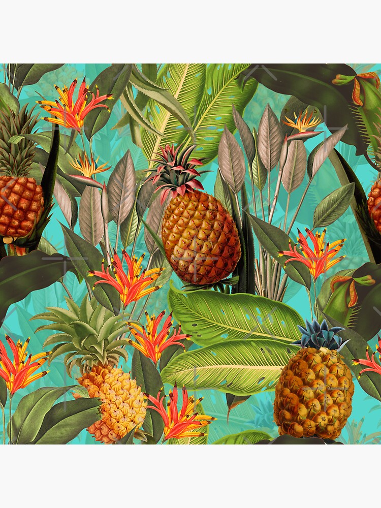 Vintage Tropical Fruit Pineapple Jungle Teal Sticker By Utart Redbubble