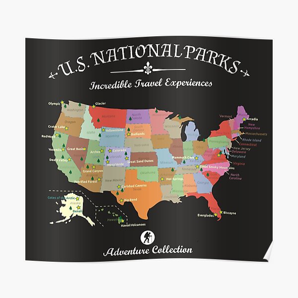 "US National Parks Map Colorful with all 59 National Parks " Poster for ...