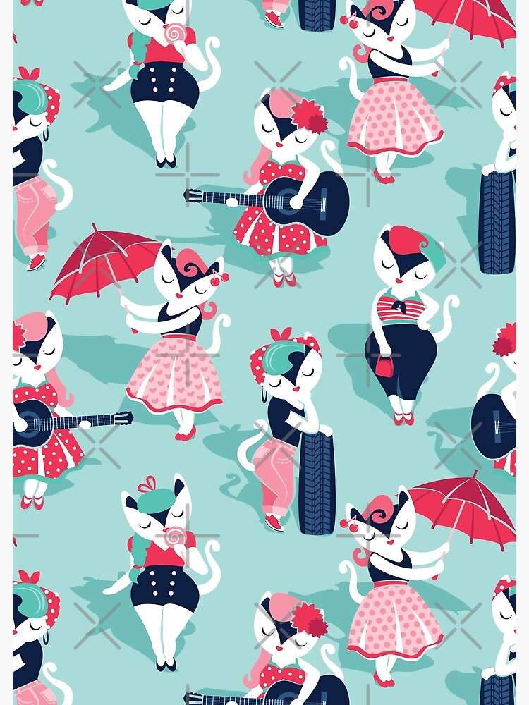 Póster «Rockabilly cats / / aqua background white pin-up cats con ...