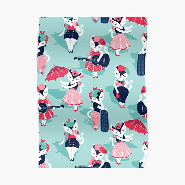 Póster «Rockabilly cats / / aqua background white pin-up cats con ...
